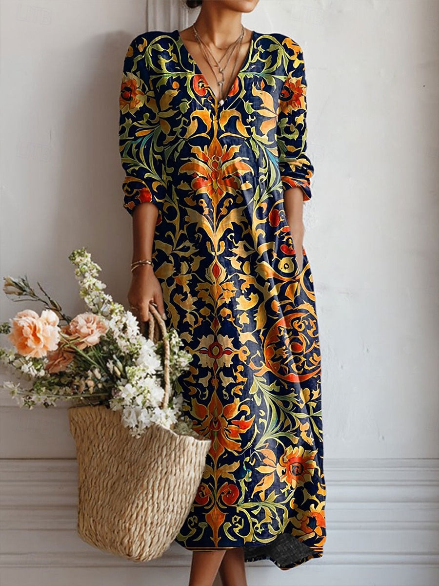 Calla | Women's Navy Cotton Boho Baroque Scroll V-Neck Midi Dress ...